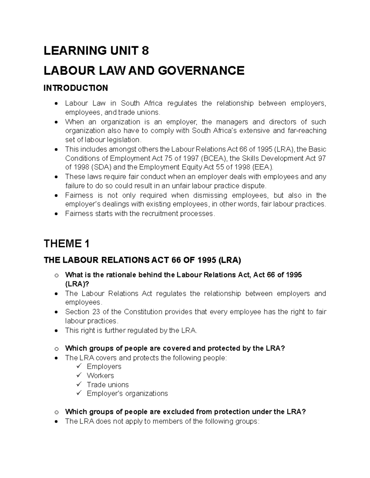 Learning UNIT 8 - notes - LEARNING UNIT 8 LABOUR LAW AND GOVERNANCE ...