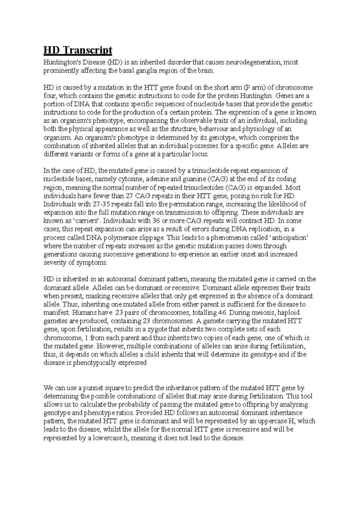 HD Transcript - HD Transcript Huntington's Disease (HD) is an inherited ...