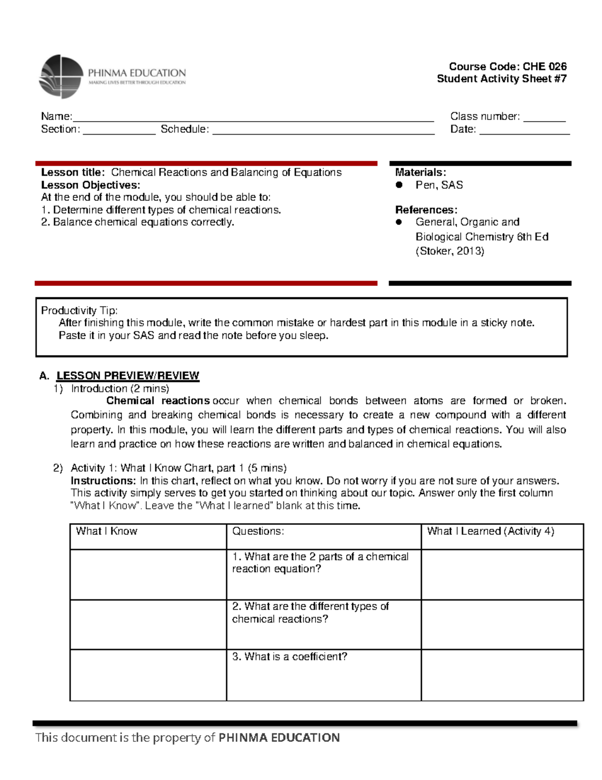 SAS 7 Module 7 Chemical Reactions and Balancing of Equations - Student Activity Sheet # 7 - Studocu