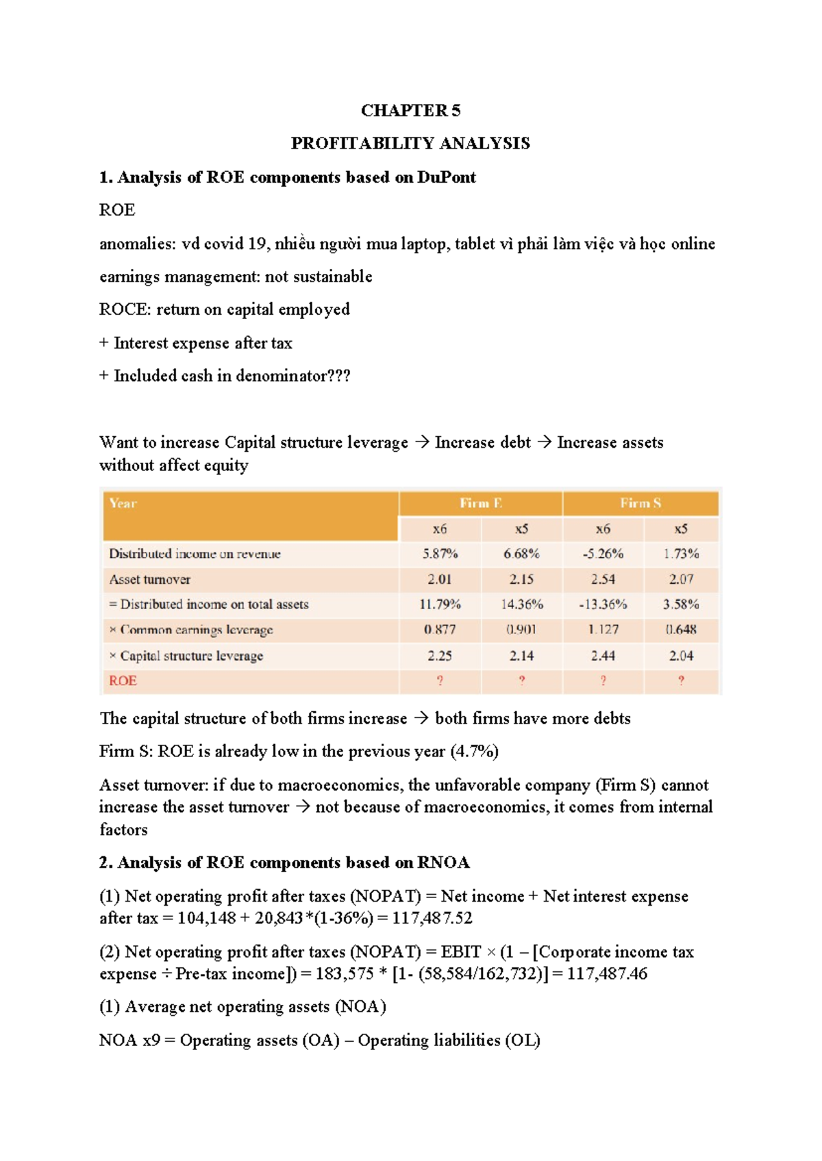 Chapter 5 - lecture note - CHAPTER 5 PROFITABILITY ANALYSIS Analysis of ROE components based on ...