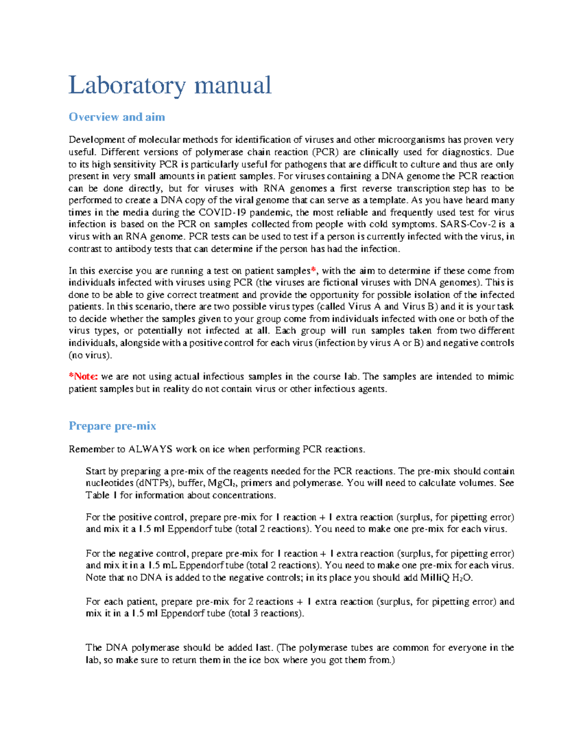 Laboratory manual PCR virus test A3 HT21 - 3FF024 - Uppsala Universitet ...