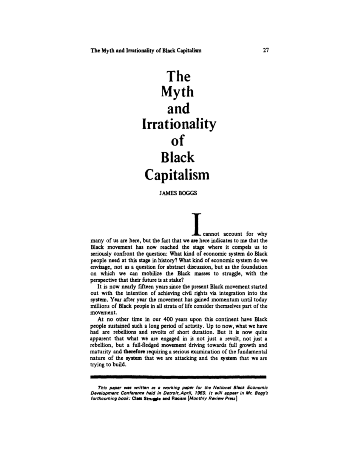 3.4.4 boggs 1970 - lecturas obligatorias - The Myth and Irrationality of Black Capitalism 27 The ...