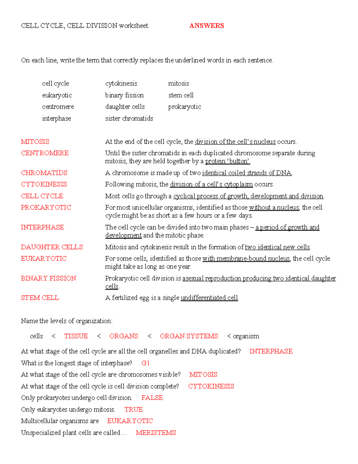 Cell cycle wks Answers - CELL CYCLE, CELL DIVISION worksheet ANSWERS On ...