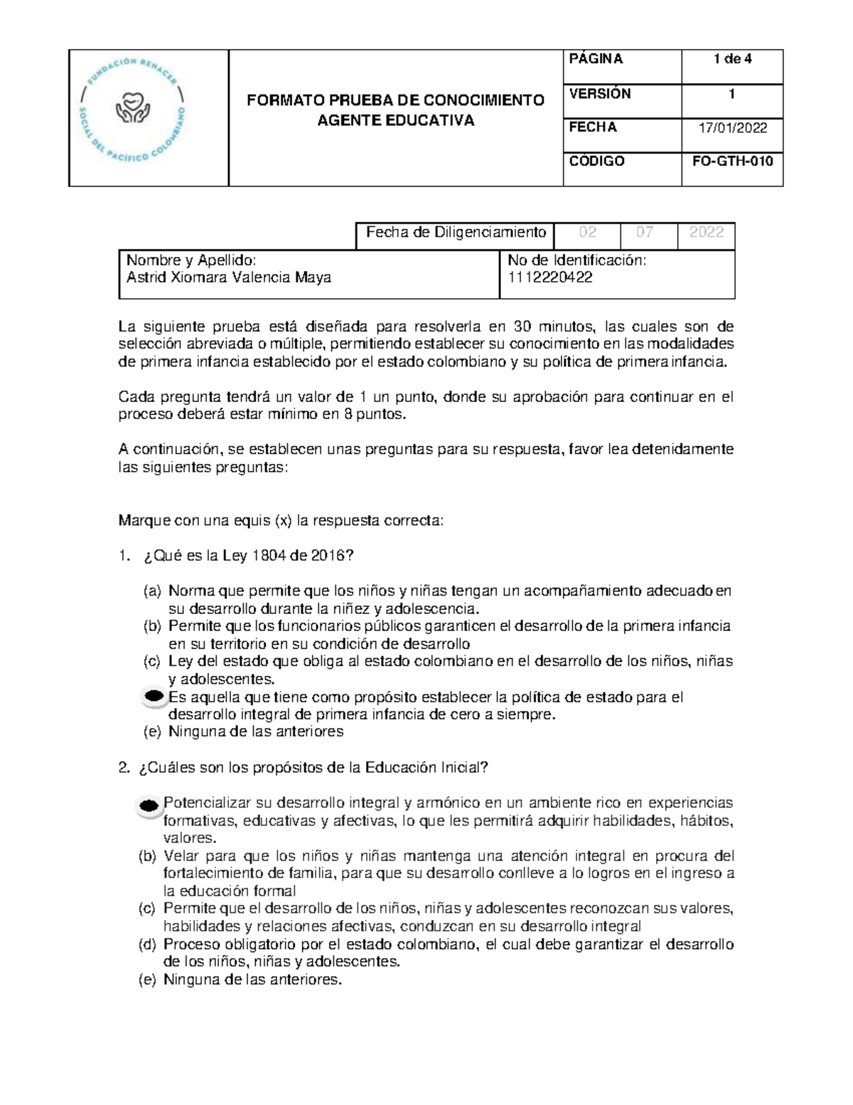 Prueba de conocimiento Pdf - FORMATO PRUEBA DE CONOCIMIENTO AGENTE EDUCATIVA VERSIÓN 1 FECHA 17 ...