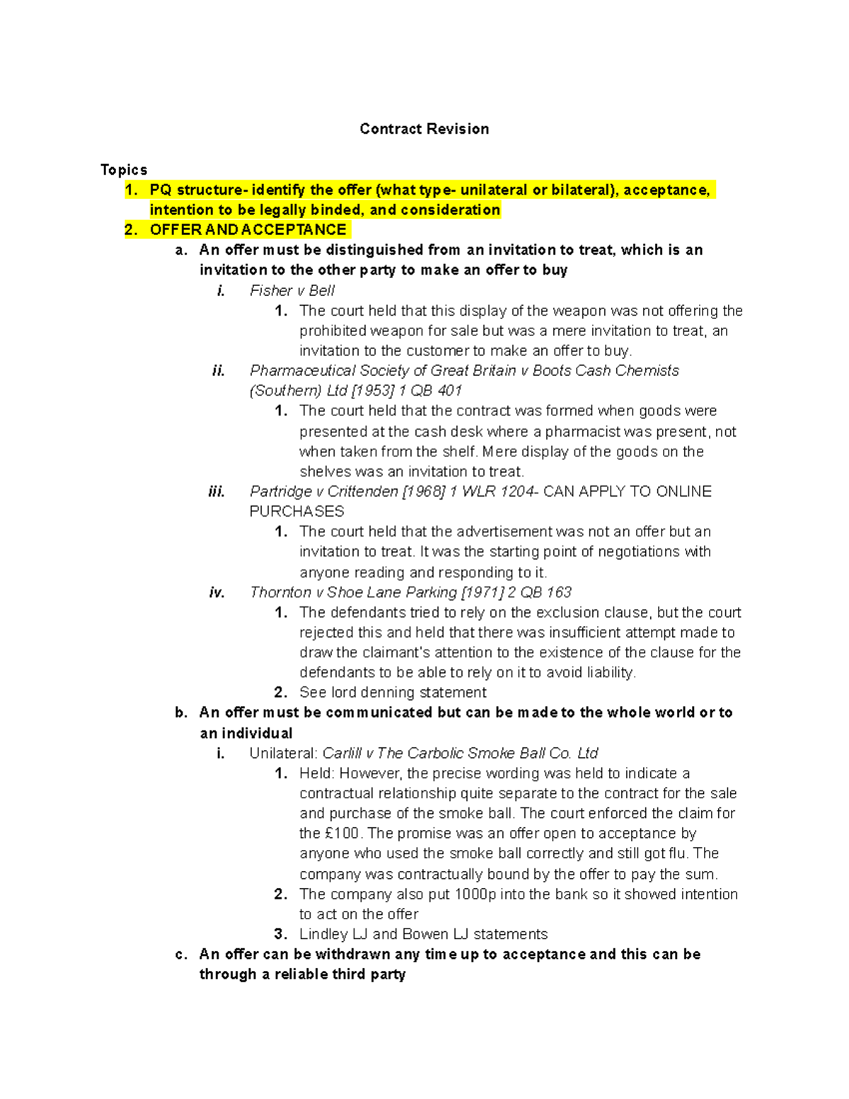 Contract Revision - offer and acceptance, consideration, intentions ...