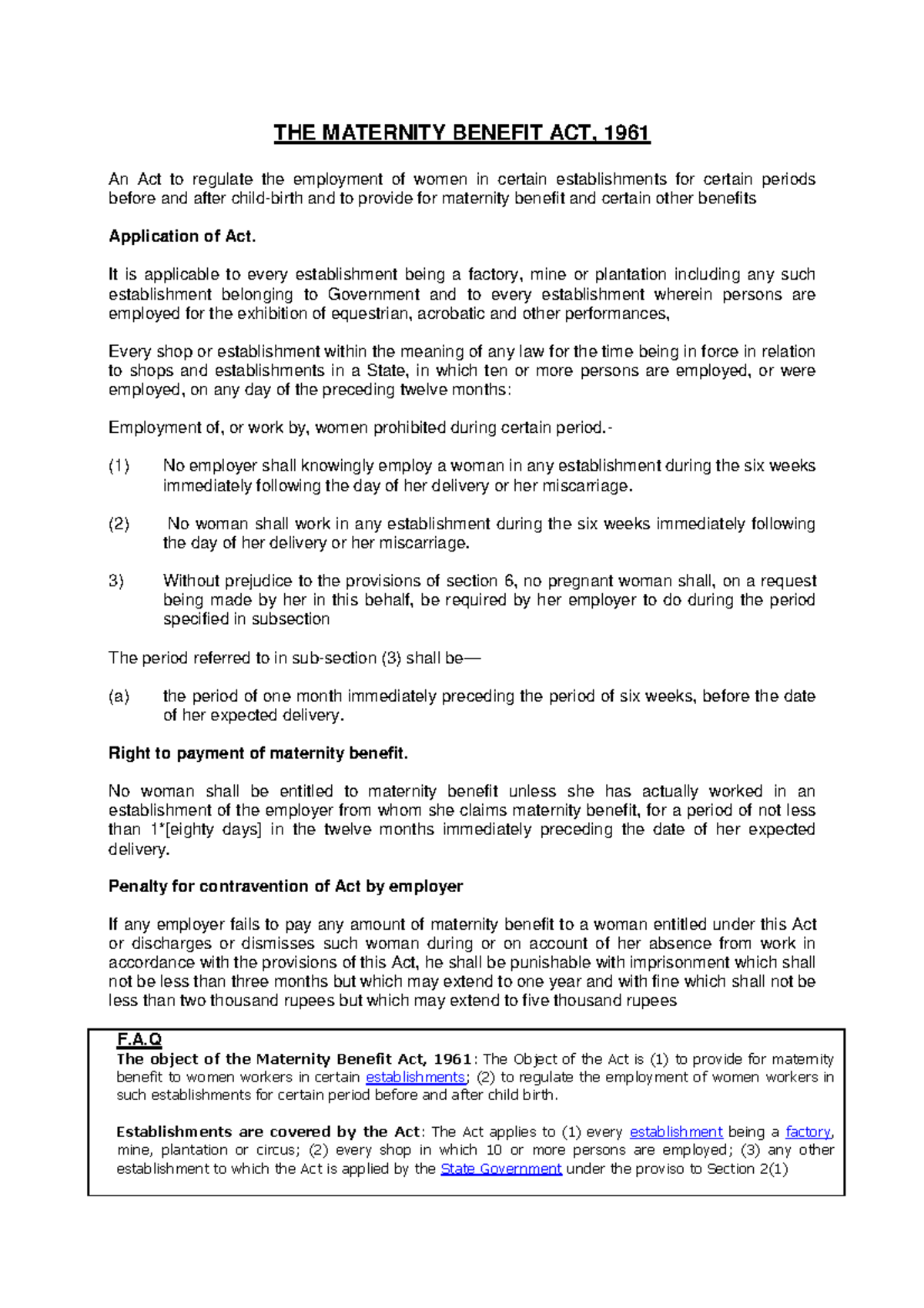 Act labour maternity act - THE MATERNITY BENEFIT ACT, 1961 An Act to ...