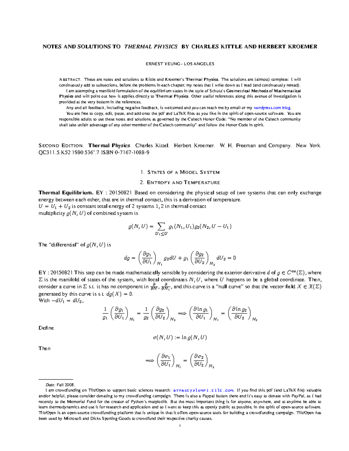 Kittel kroemer thermal physics - NOTES AND SOLUTIONS TO THERMAL PHYSICS ...