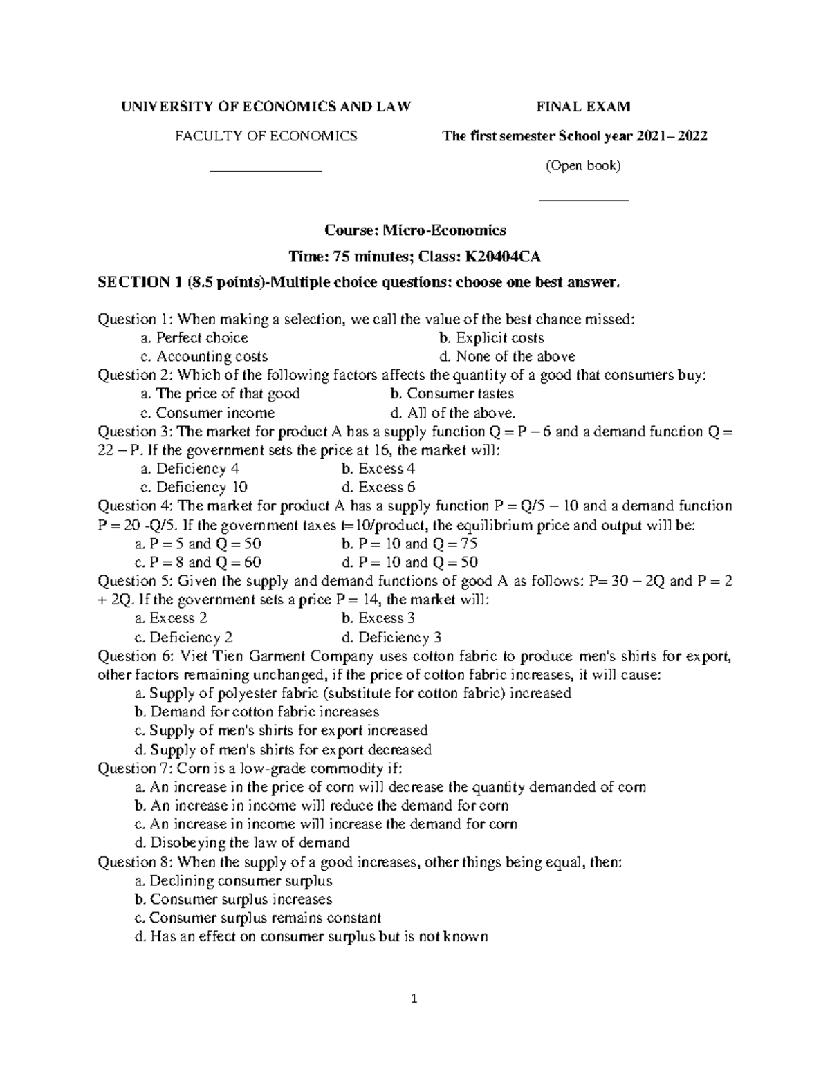 EXAM - EXAM CA - UNIVERSITY OF ECONOMICS AND LAW FINAL EXAM FACULTY OF ...