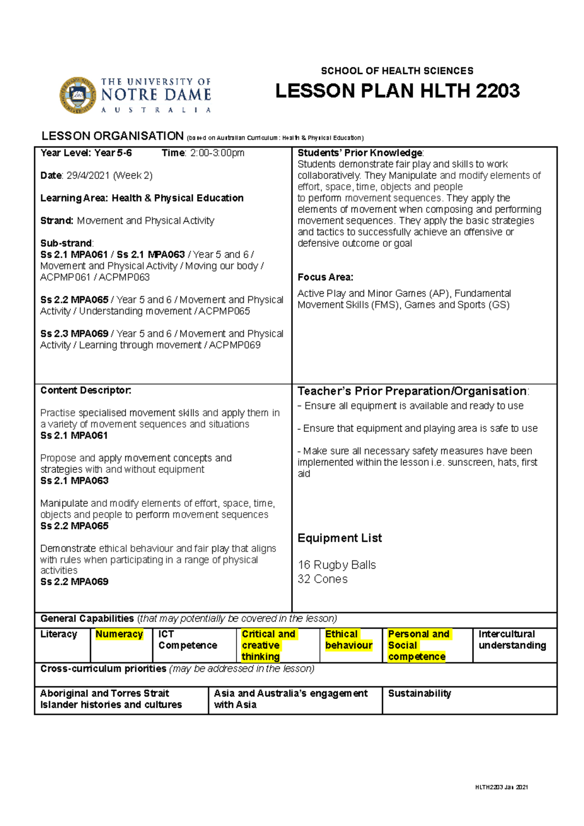 Touch Rugby Lesson Plan 1 - EDUC2623 - Notre Dame - Studocu