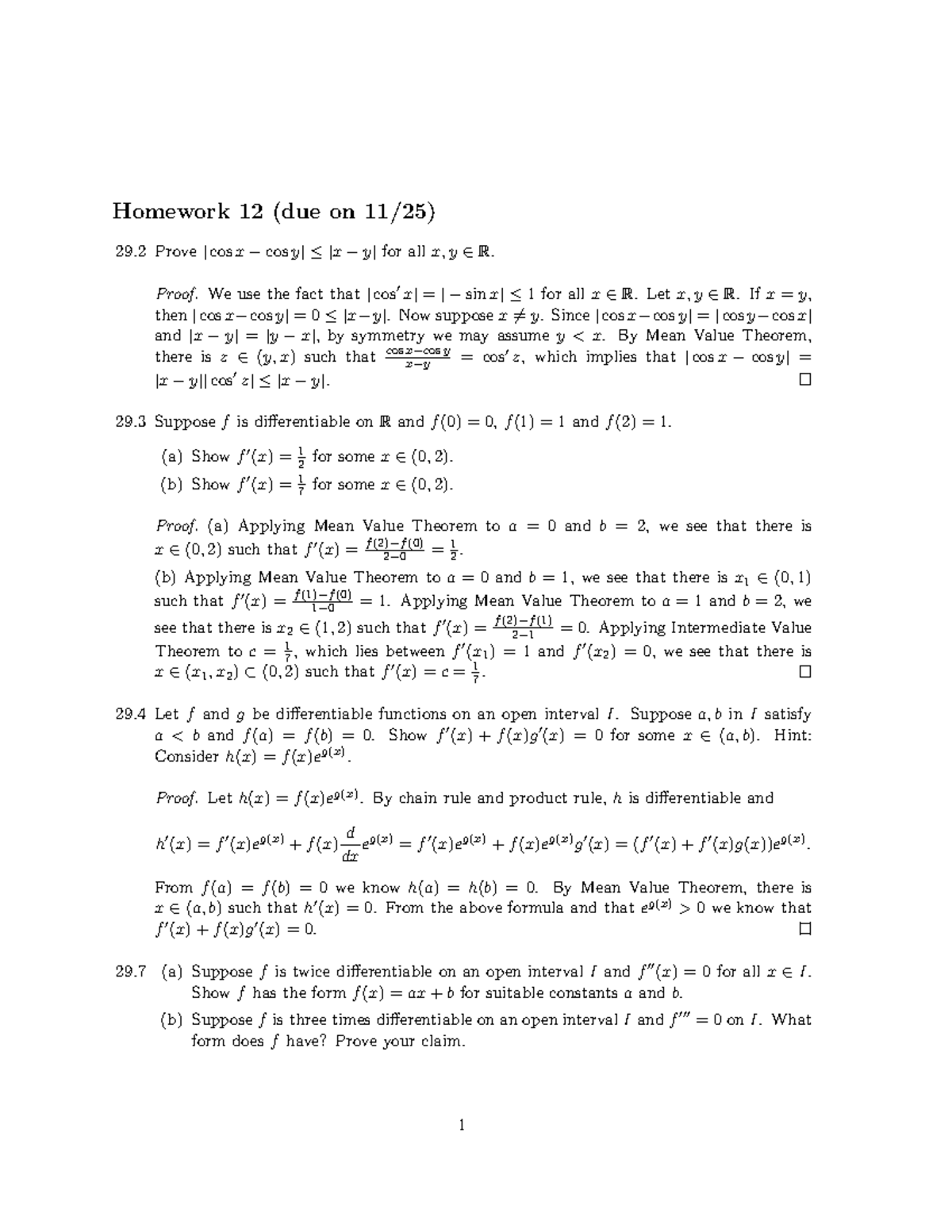 HW12 solution - Homework 12 (due on 11/25) 29 Prove | cos x − cos y| ≤ ...