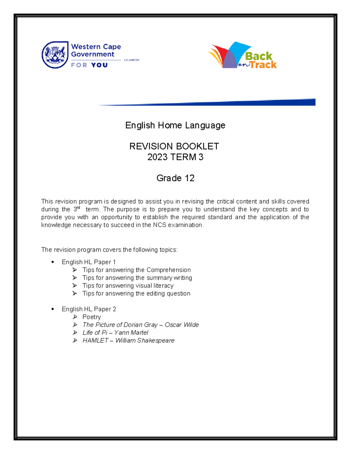 English HL Revision Pack Grade 12 Term 3 2023 - English Home Language ...
