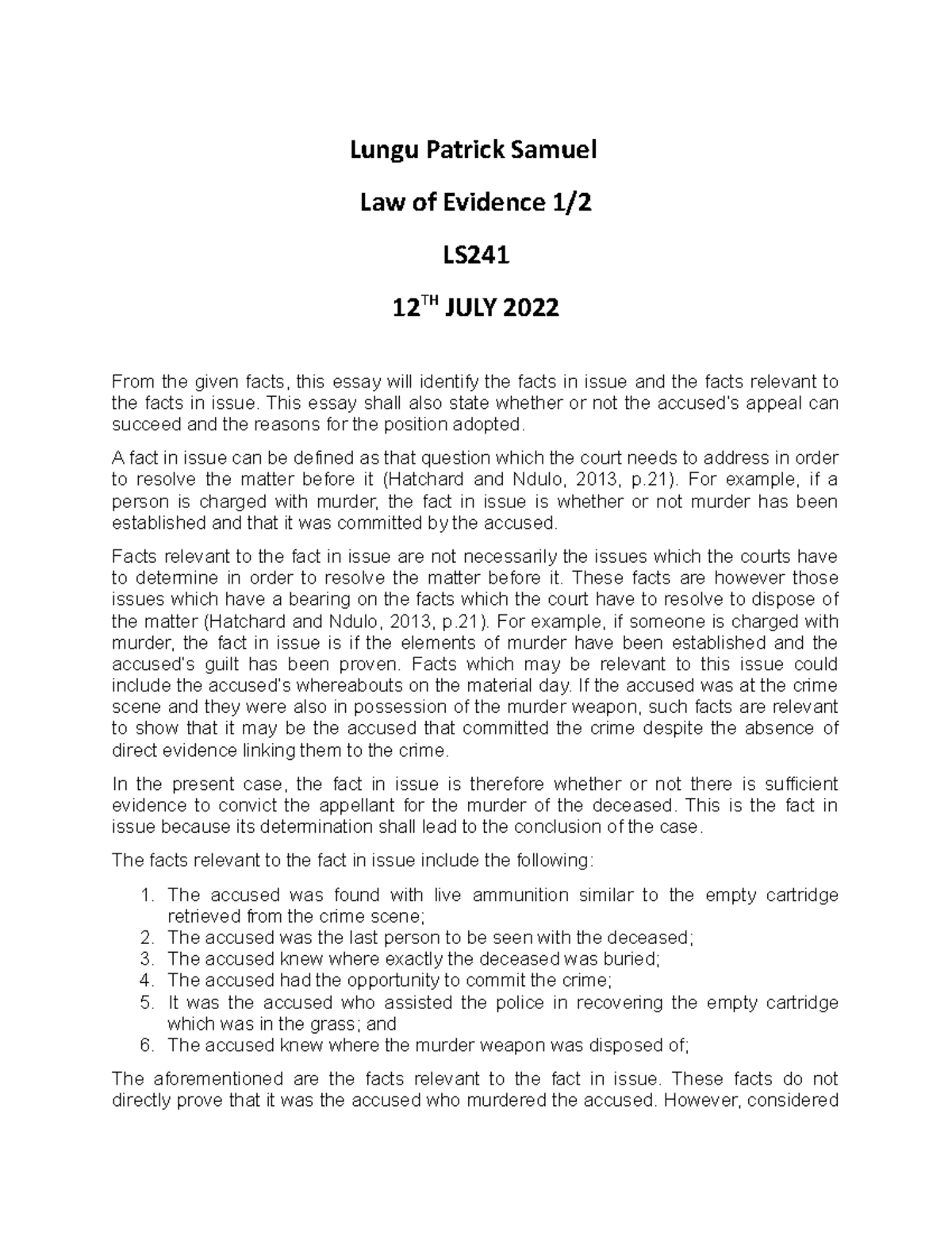 Assignment 1 - Lungu Patrick Samuel Law of Evidence 1/ LS 12 TH JULY ...