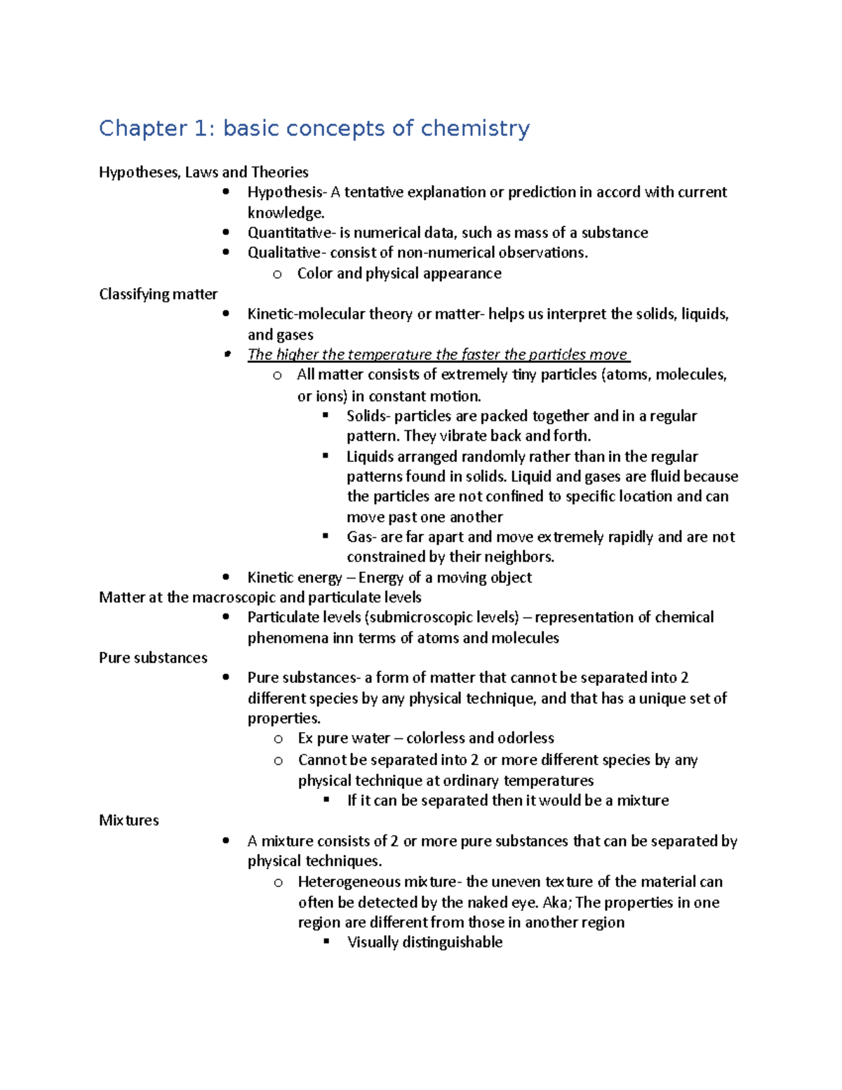 Chem 1307 notes - Chapter 1: basic concepts of chemistry Hypotheses ...