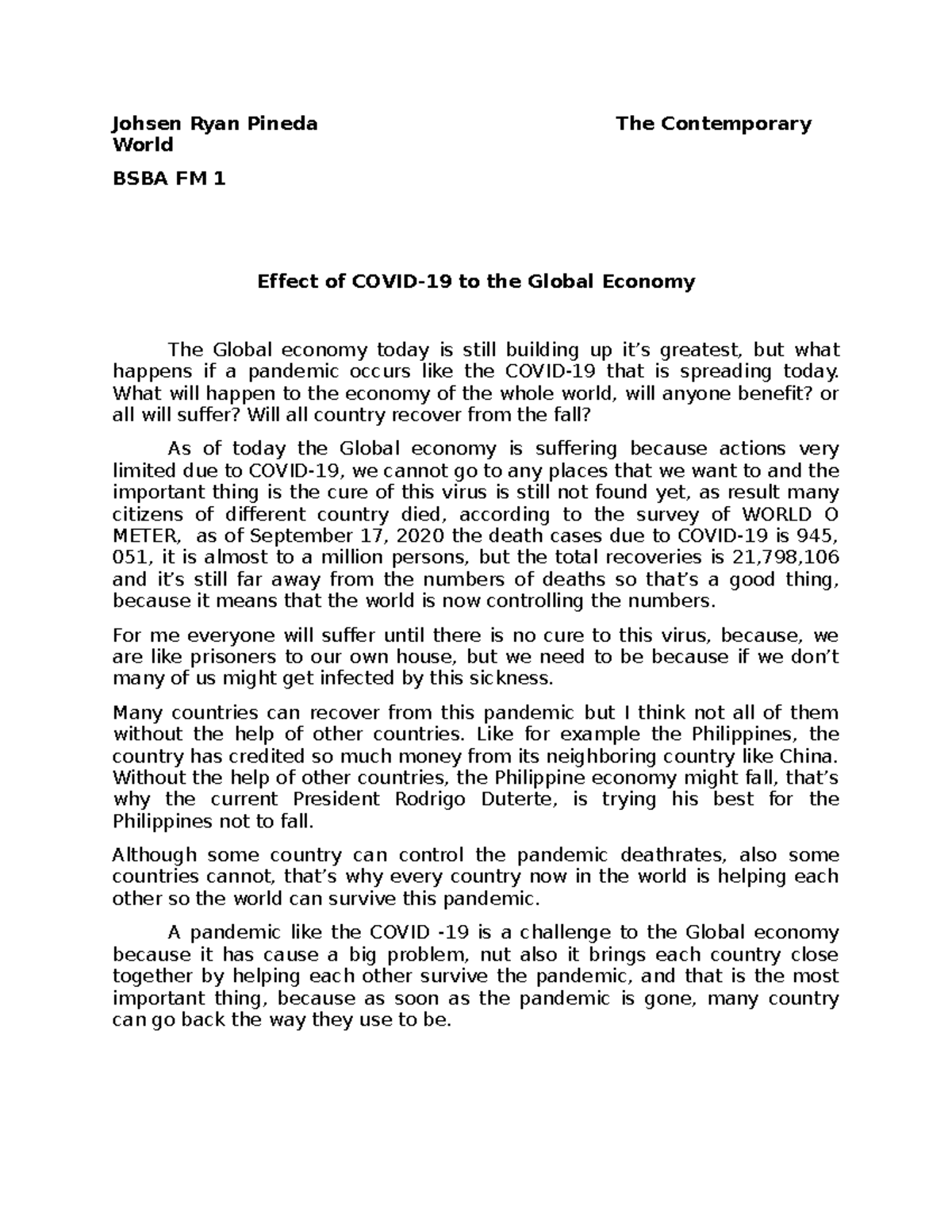 Covid 19 essay - Johsen Ryan Pineda The Contemporary World BSBA FM 1 ...