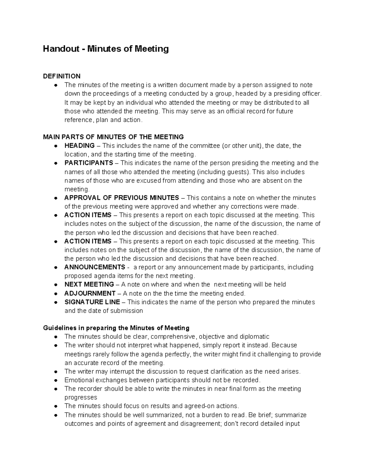 Handout Minutes of Meeting - Handout - Minutes of Meeting DEFINITION ...