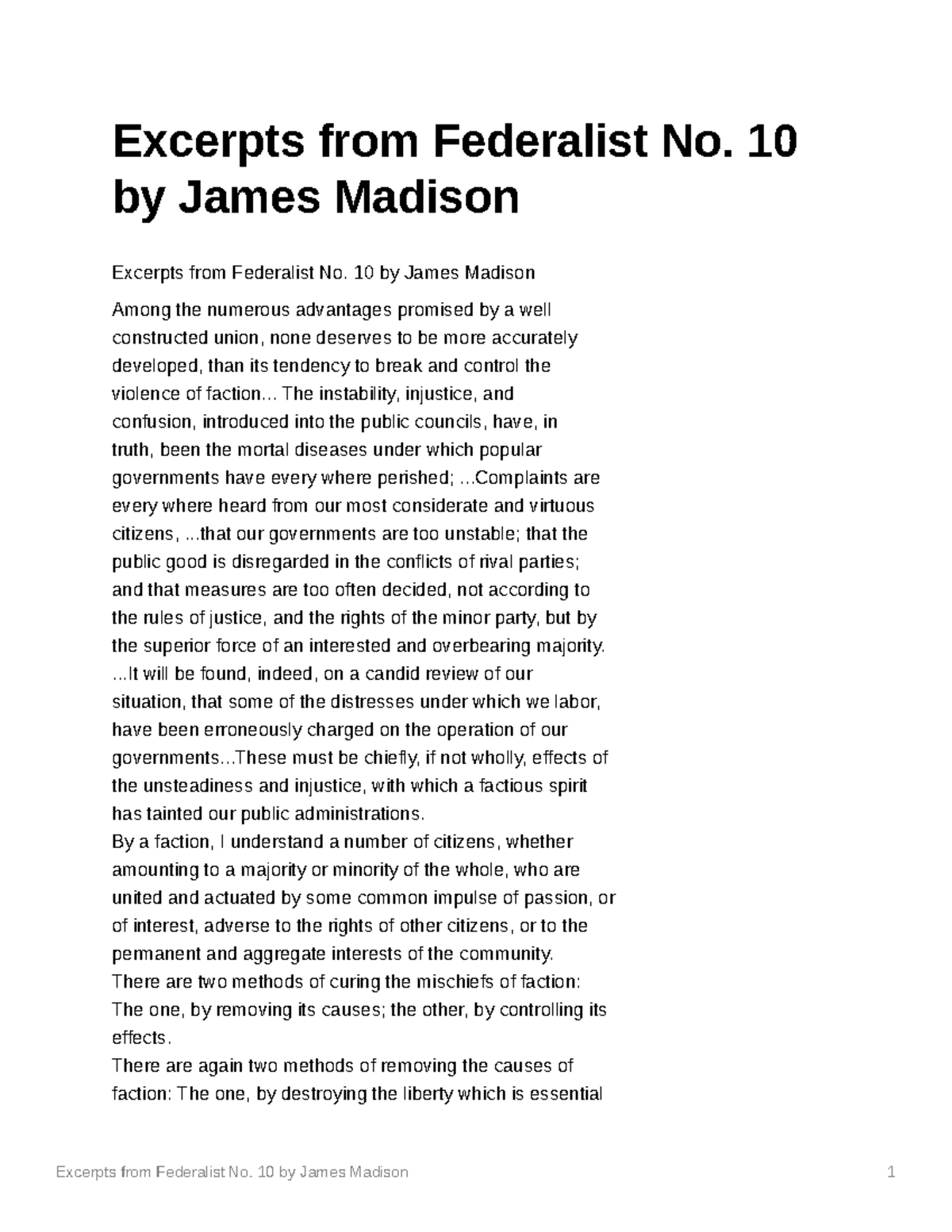 Excerpts from Federalist No - 10 by James Madison Excerpts from ...