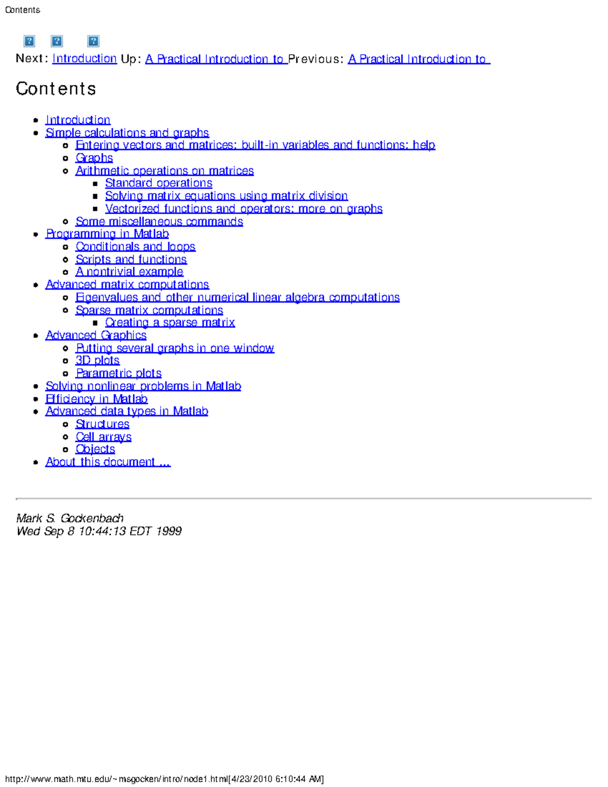 Matlab tutorial 2 - Lecture notes All the lecture - Contents Next ...