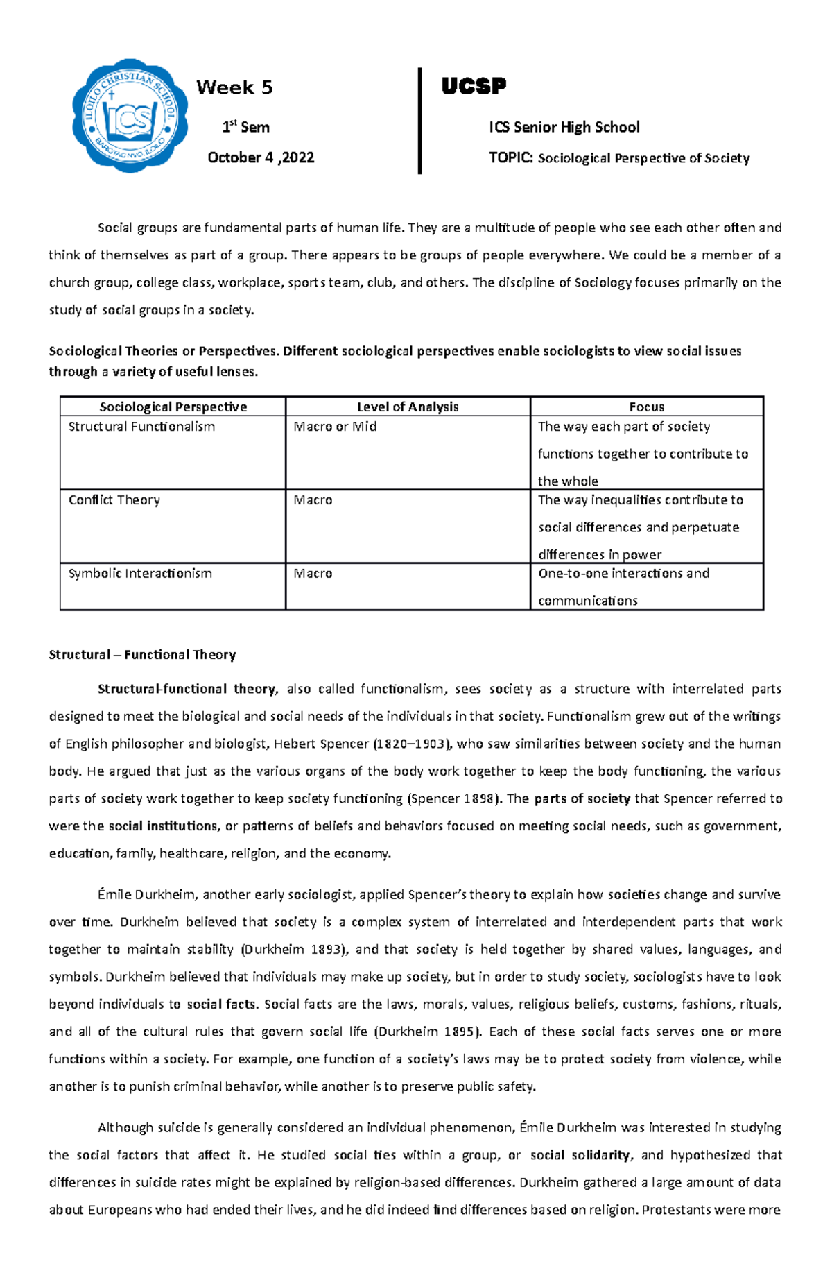 Week 5 UCSP - Sociological Perspective of Society - Week 5 UCSP 1 st ...