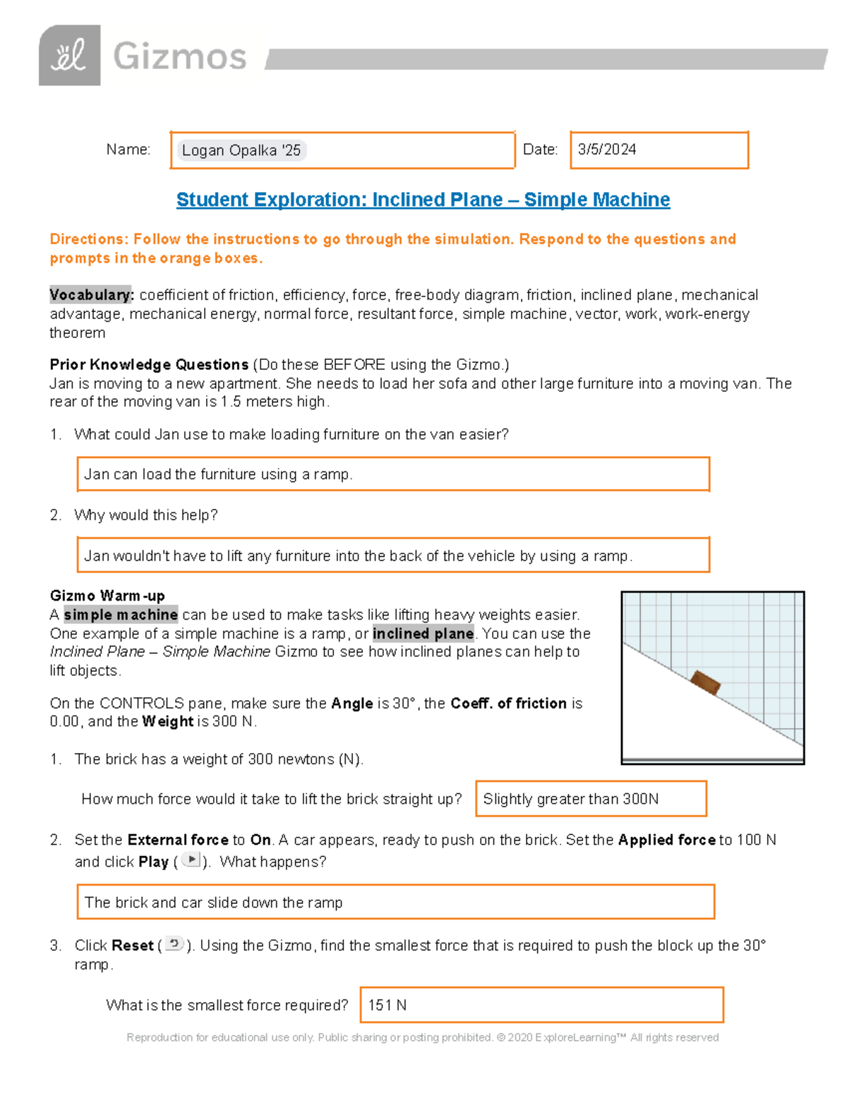 Logan - Inclined Plane Simple Machine - Name: Logan Opalka '25 Date: 3 ...