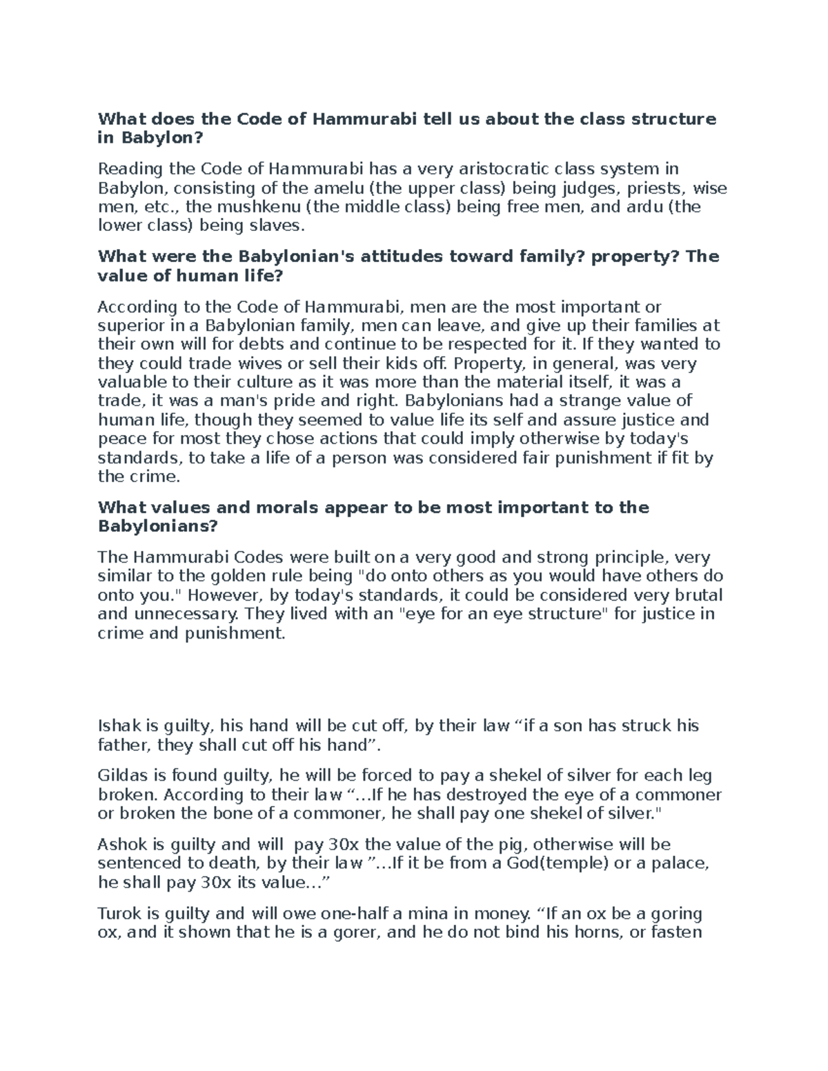 Code of Hammurabi Discusison - What does the Code of Hammurabi tell us ...