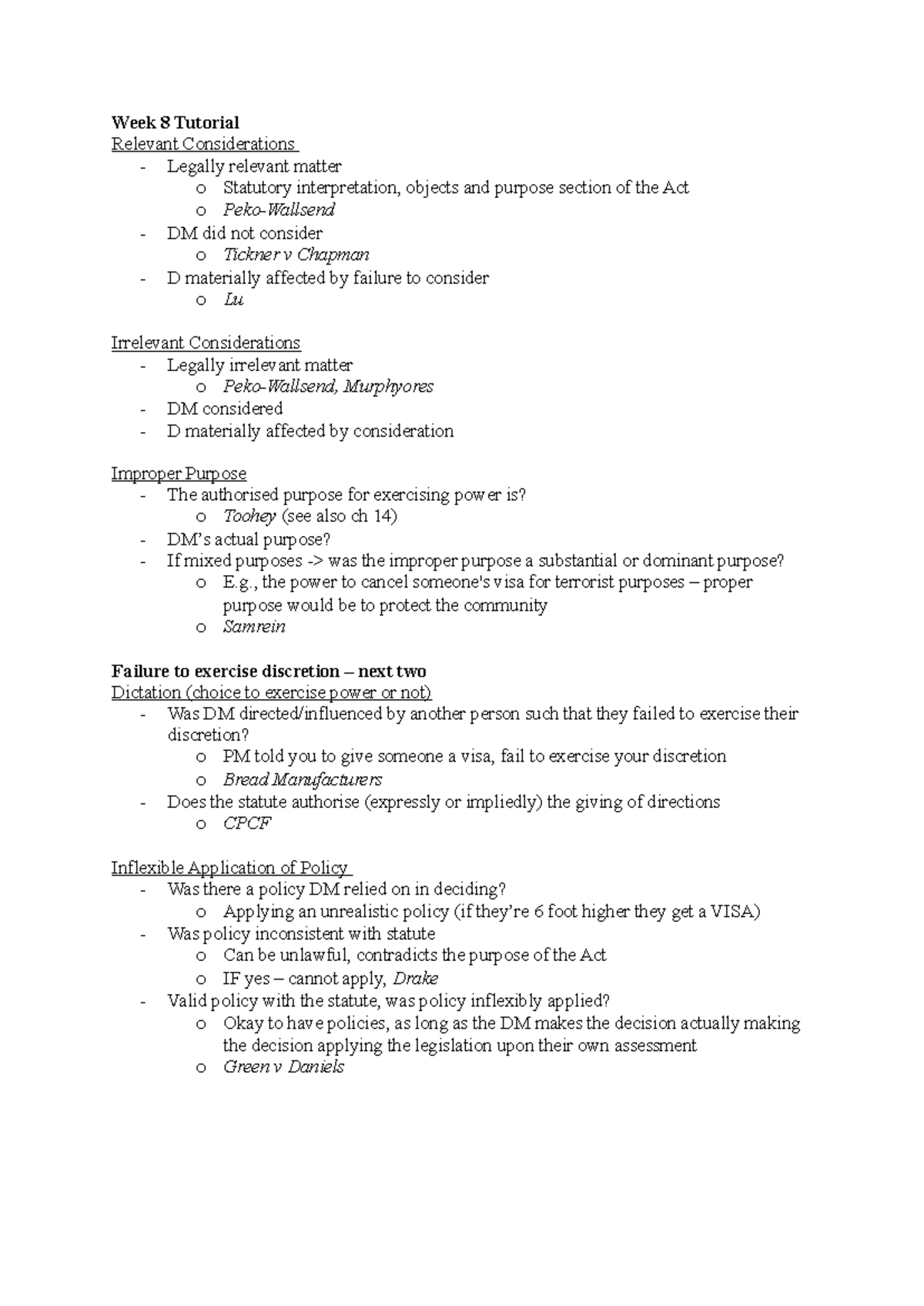 Week 8 Tutorial - Notes - Week 8 Tutorial Relevant Considerations ...