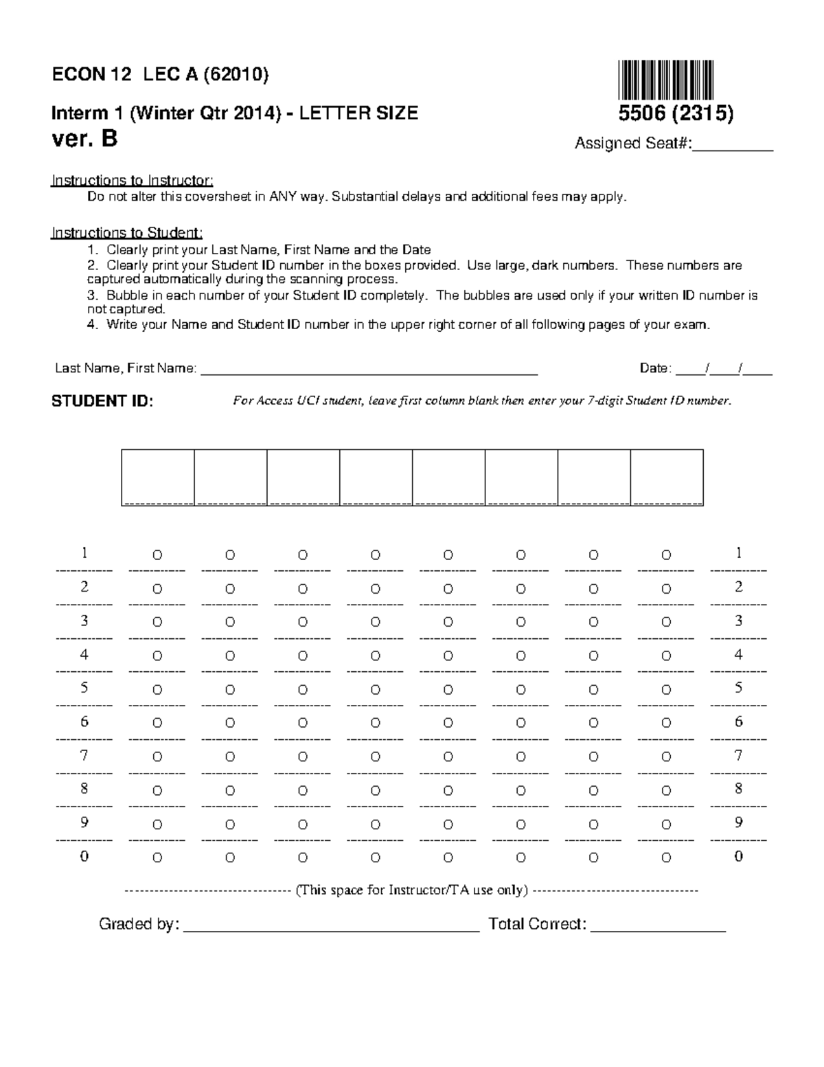 Sample Midterm for 2019 - ECON 12 LEC A (62010) Interm 1 (Winter Qtr ...