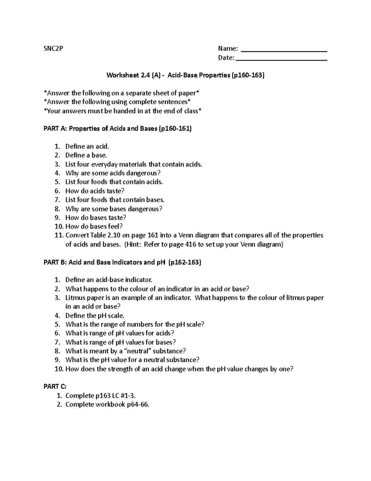 Wkst 2.4(A) acid-base properties - SNC2P Name: Date: Worksheet 2 (A ...