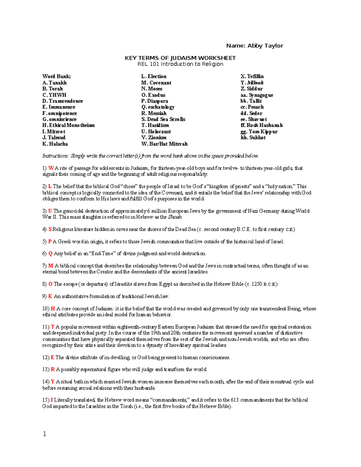 KEY Terms OF Judaism - Name: Abby Taylor KEY TERMS OF JUDAISM WORKSHEET ...