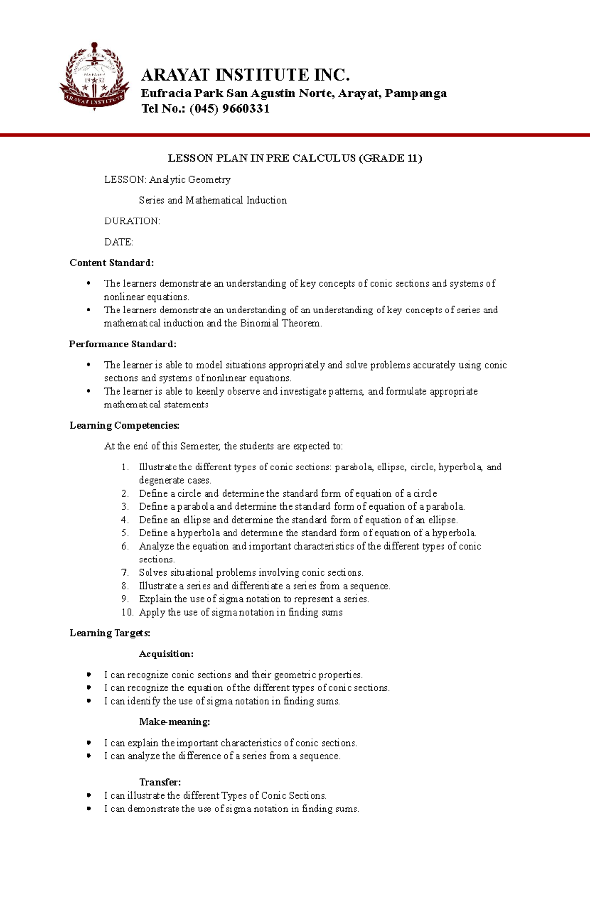 LP- PRE CAL (1ST Q) - Learning Plan for Pre Calculus - ARAYAT INSTITUTE ...