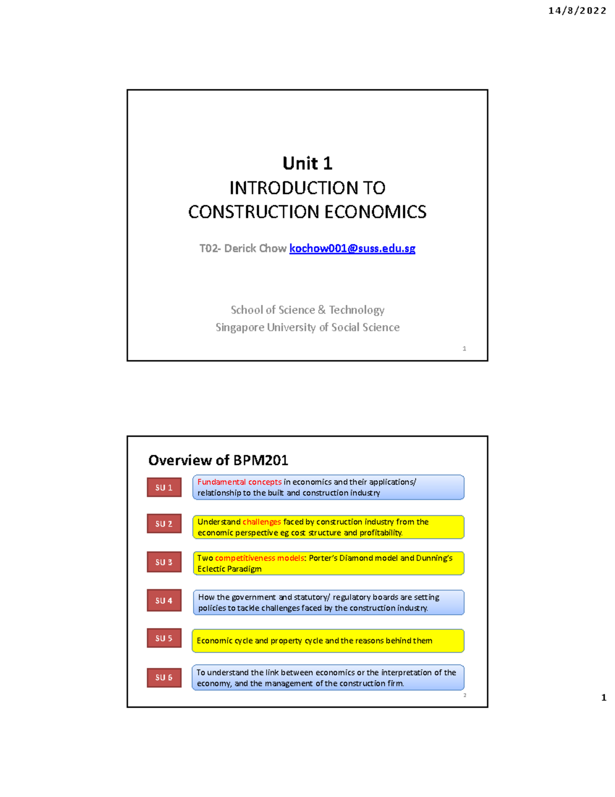 Slides SU1 - notes - Unit 1 INTRODUCTION TO CONSTRUCTION ECONOMICS ...