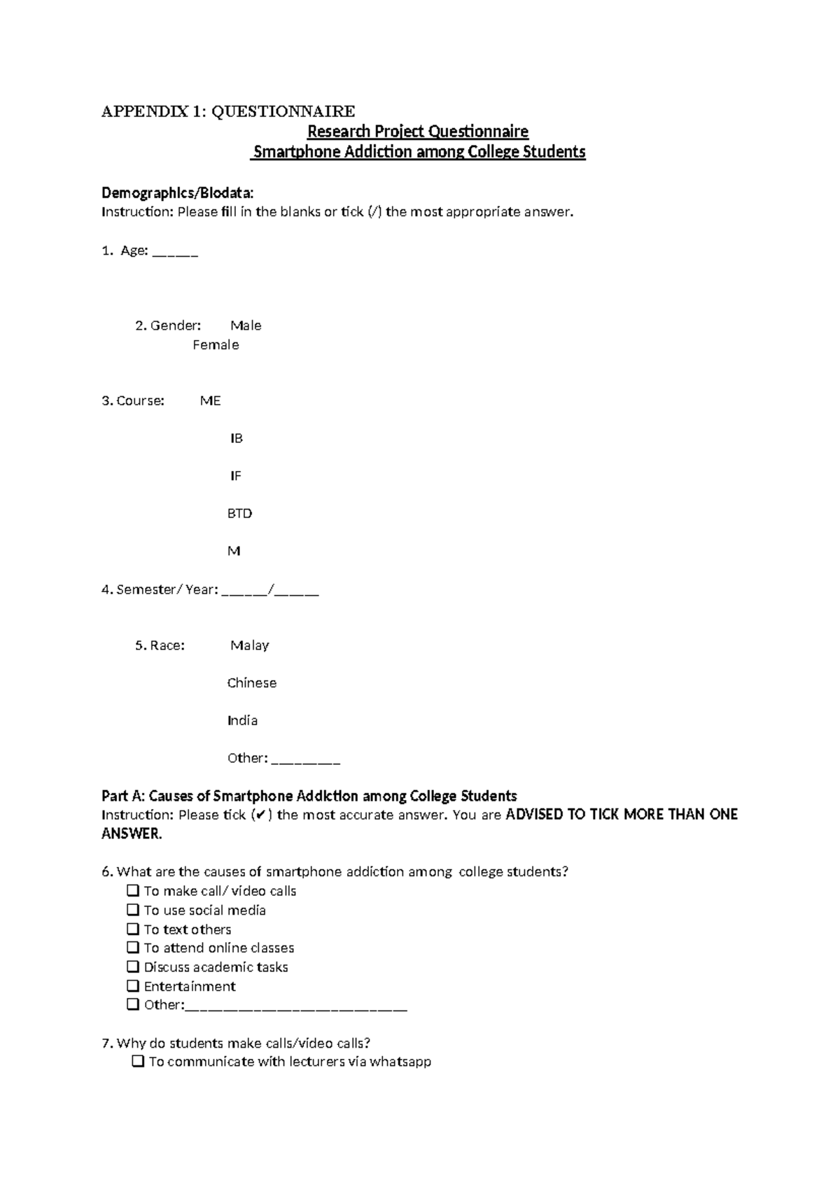 My Q Smartphone - APPENDIX 1: QUESTIONNAIRE Research Project ...