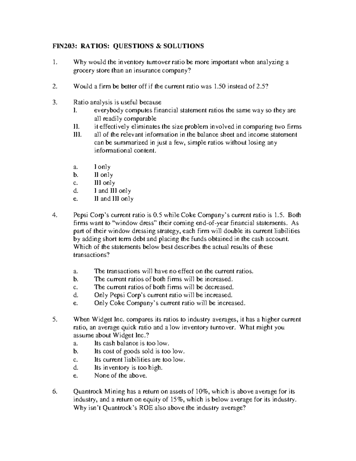FIN203 Ratios Tutorial With Answers - FIN203: RATIOS: QUESTIONS ...