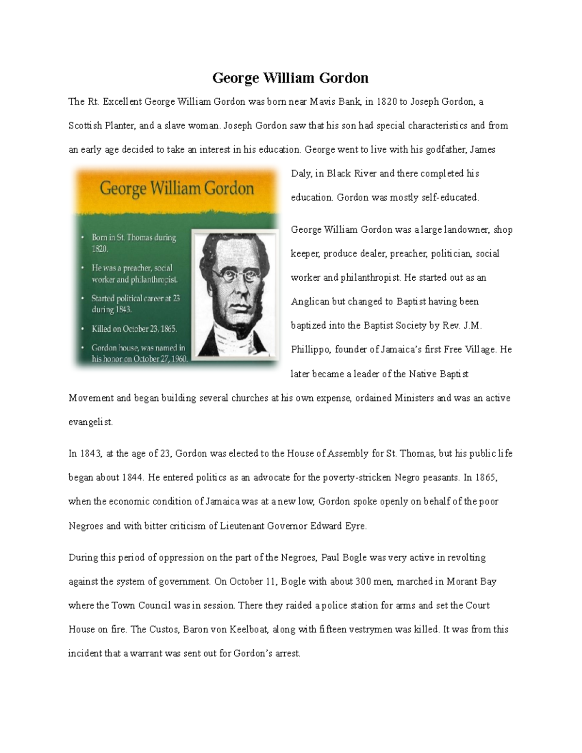 National Heros - George William Gordon The Rt. Excellent George William ...