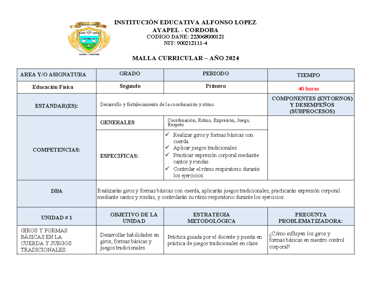 Formato DE Malla Curricular Alfonso Lopez 2024 Grado 2° - INSTITUCIÓN EDUCATIVA ALFONSO LOPEZ ...