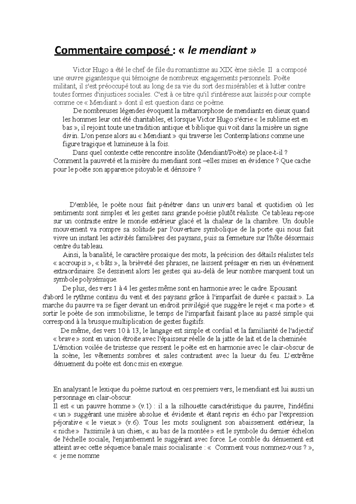 Com comp le mendiant - Commentaire composé : « le mendiant » Victor ...