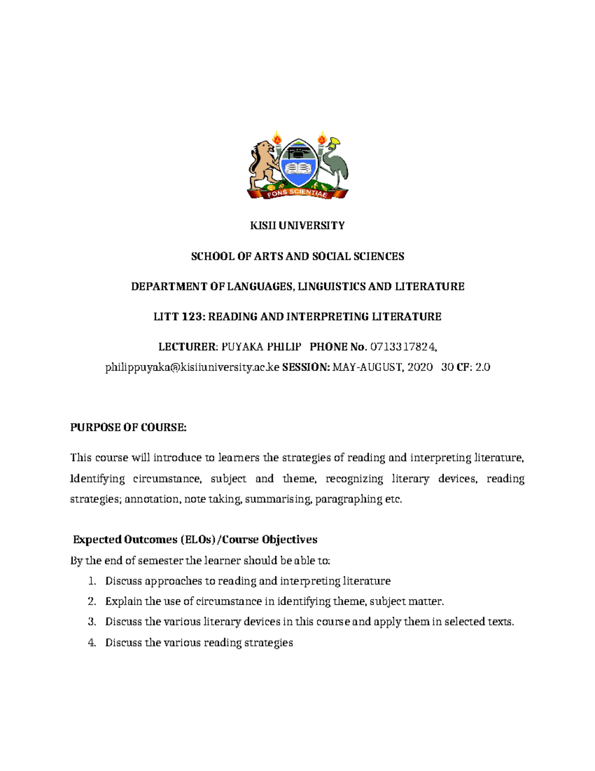 LITT123 course outline may-aug 2020 - KISII UNIVERSITY SCHOOL OF ARTS ...