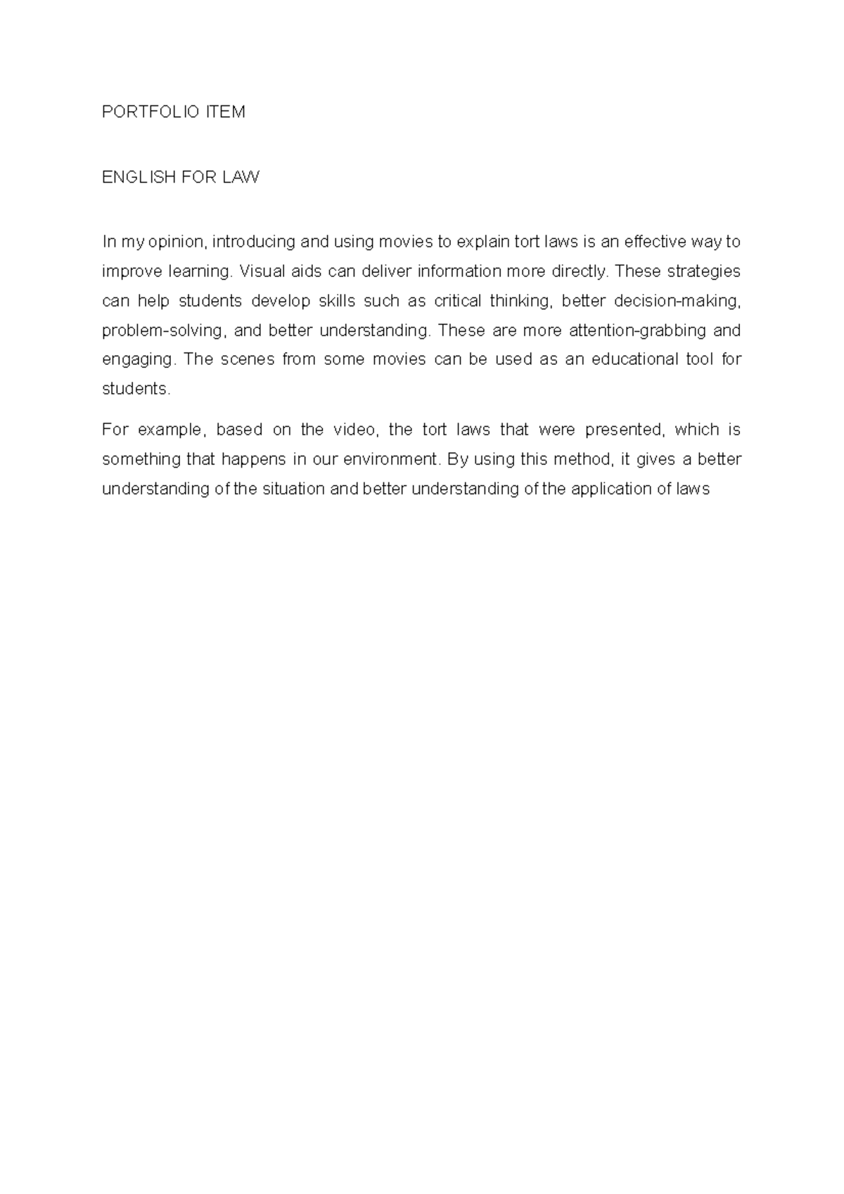 English FOR LAW - PORTFOLIO ITEM ENGLISH FOR LAW In my opinion ...