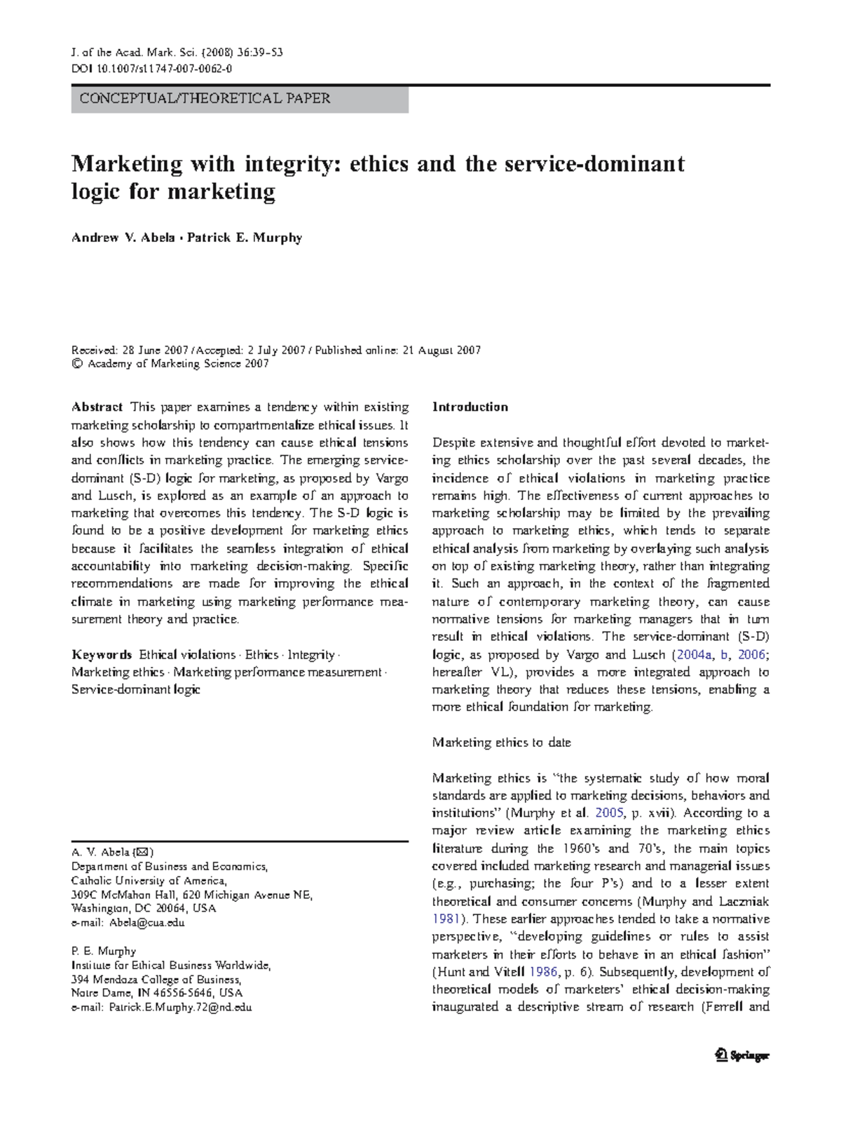 Article week 1 - CONCEPTUAL/THEORETICAL PAPER Marketing with integrity ...