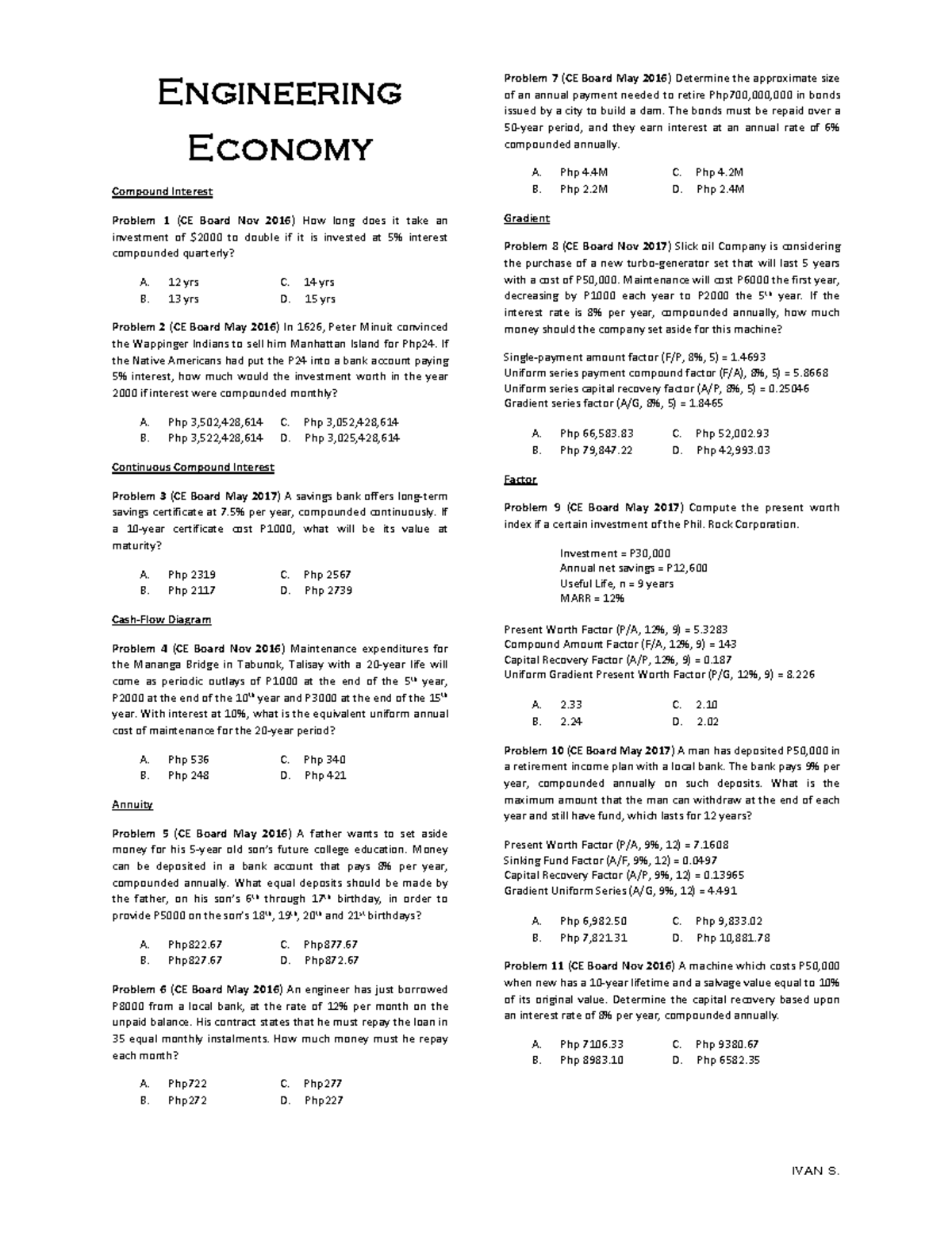 Engineering Economy Sample Problems for College - Management of ...