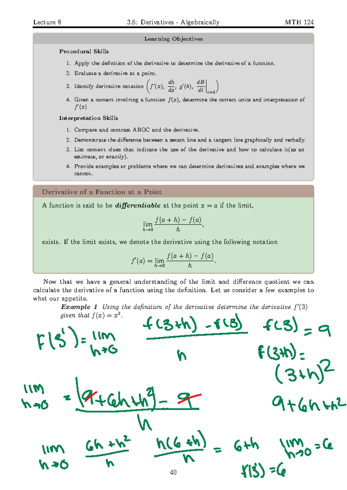 3 - MTH 124 lecture notes - Learning Objectives Procedural Skills 1 ...