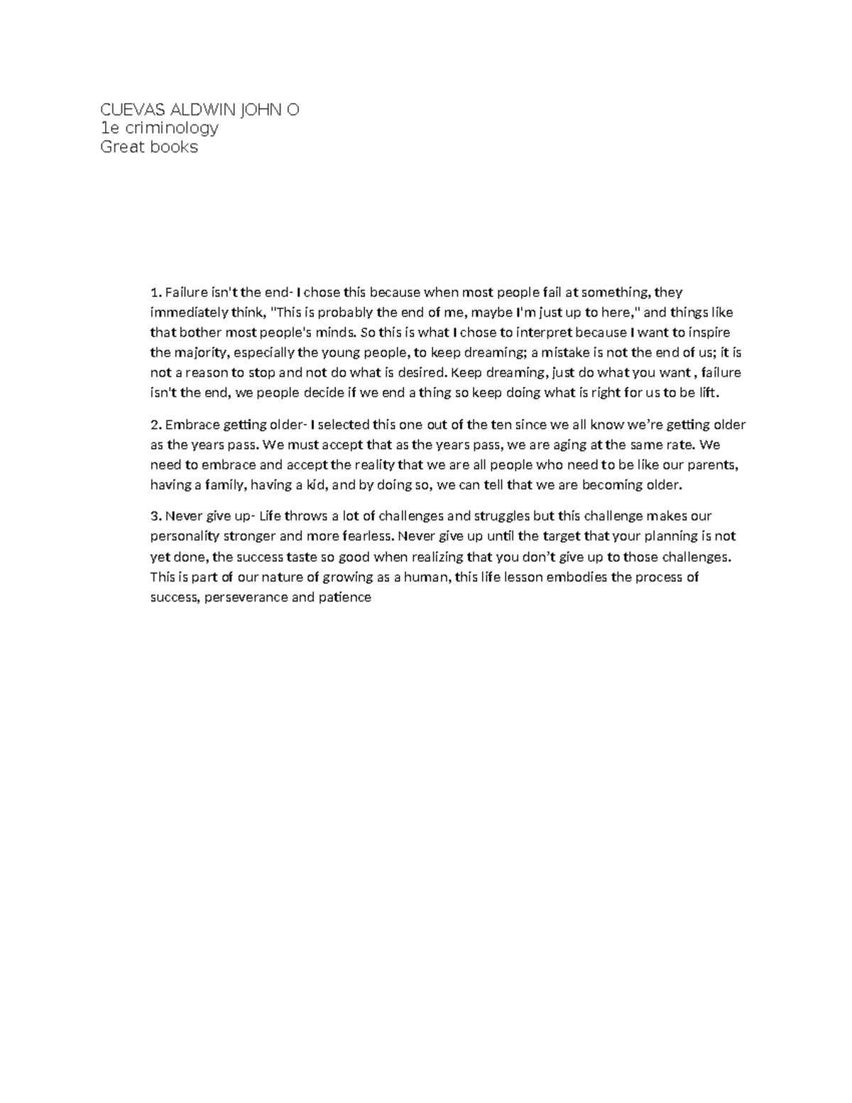 GREAT BOOKSSSSS - CUEVAS ALDWIN JOHN O 1e criminology Great books 1 ...