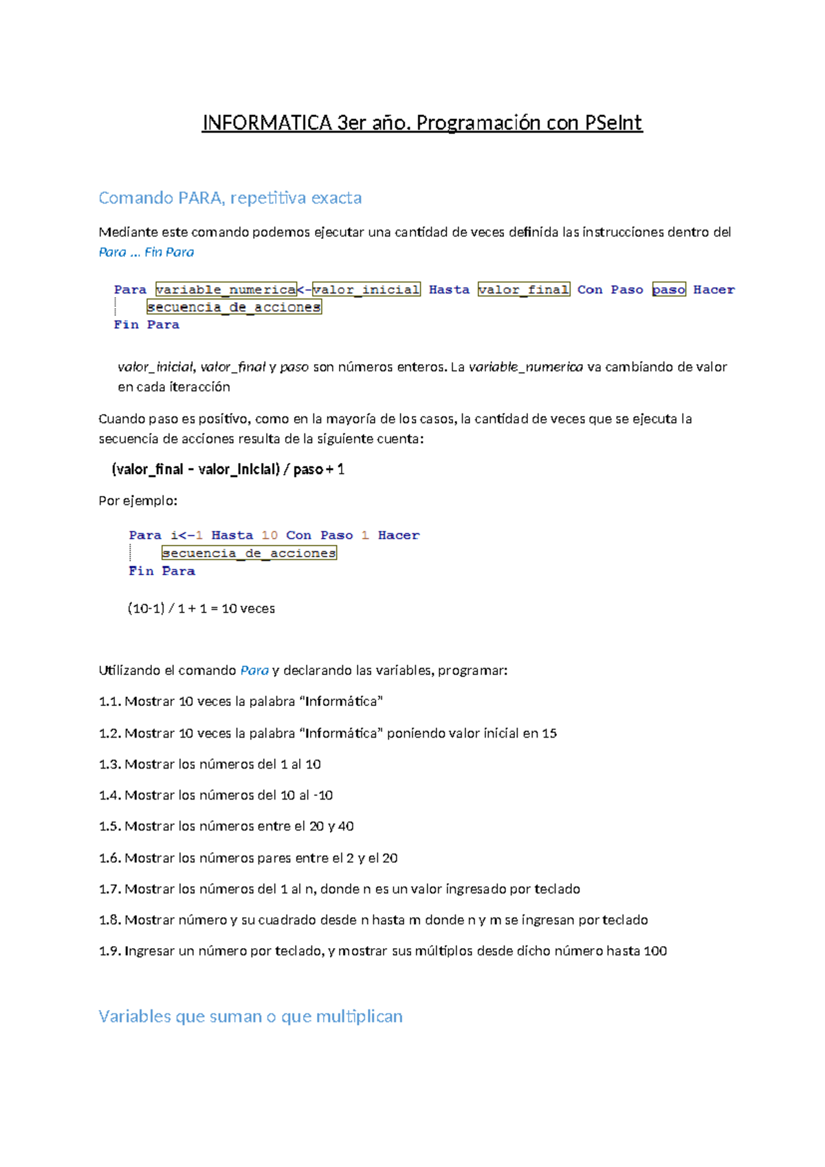 1. Comando Para - INFORMATICA 3er año. Programación con PSeInt Comando ...