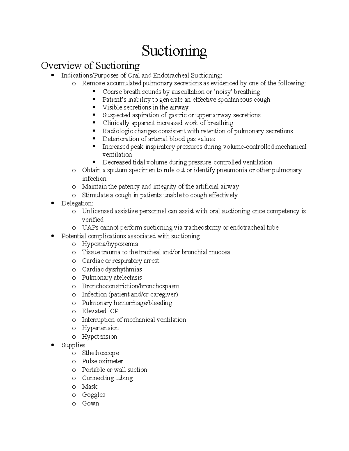 Suctioning - Lecture notes from CPL - Suctioning Overview of Suctioning ...