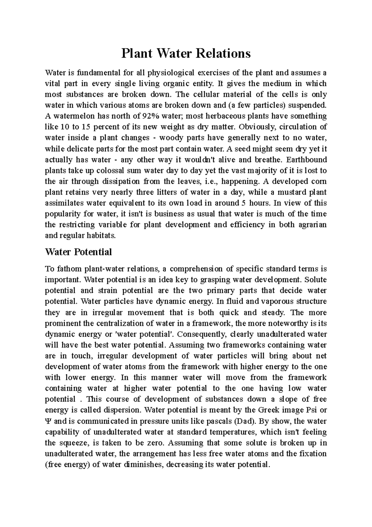 Plant Water Relations - Plant Water Relations Water is fundamental for ...