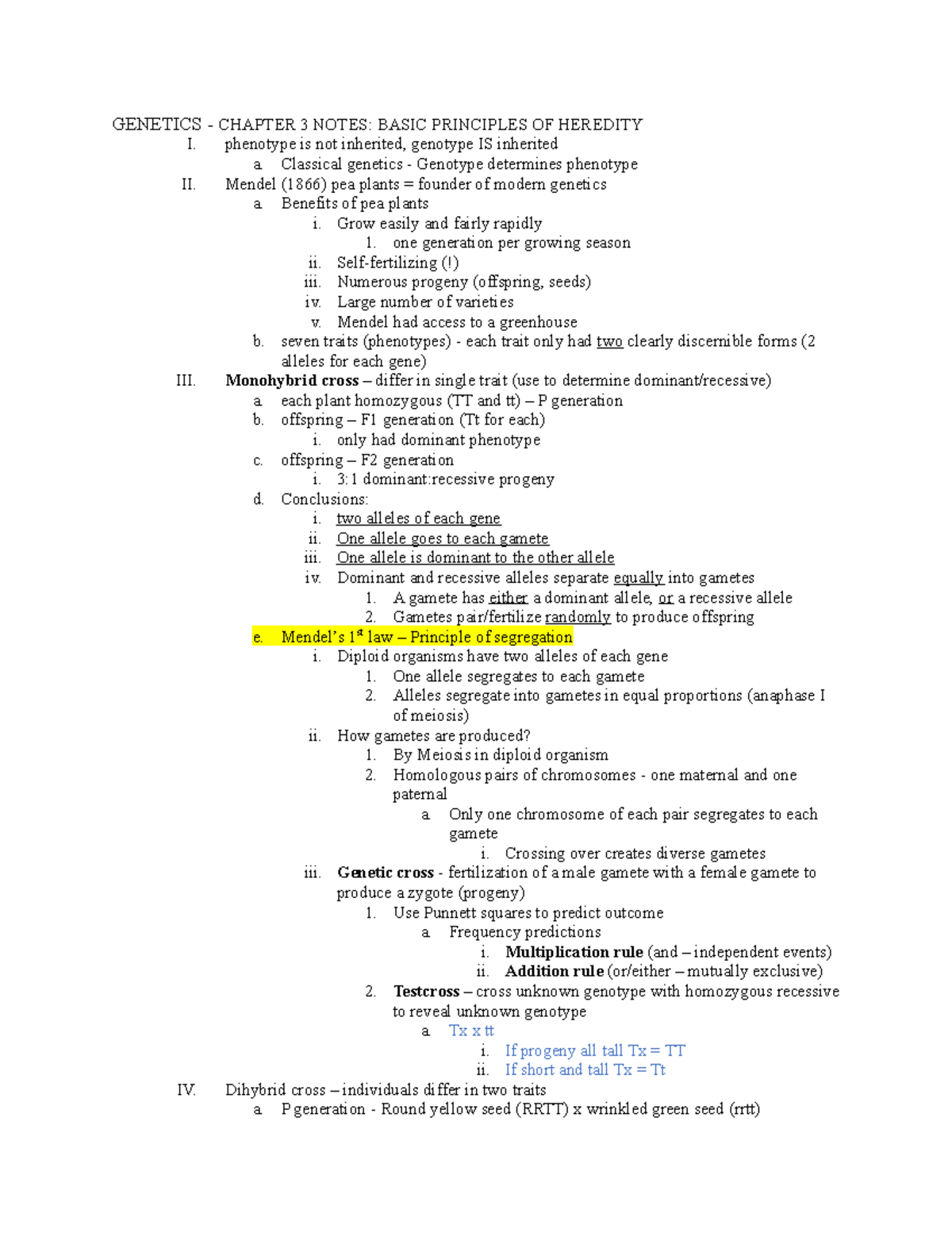 2021 Genetics lecture notes week3 - GENETICS - CHAPTER 3 NOTES: BASIC ...