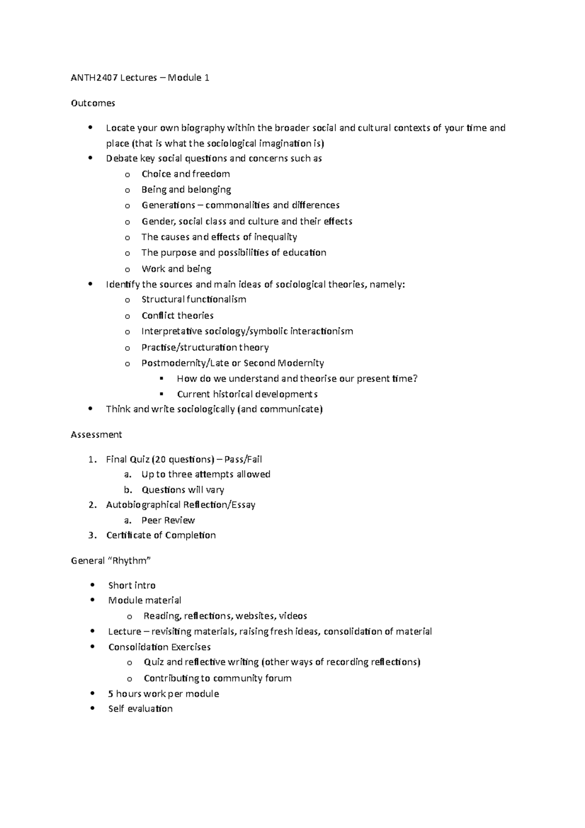 Lecture notes, Lectures Module 1, lecturer: Martin Forsey. - ANTH2407 ...