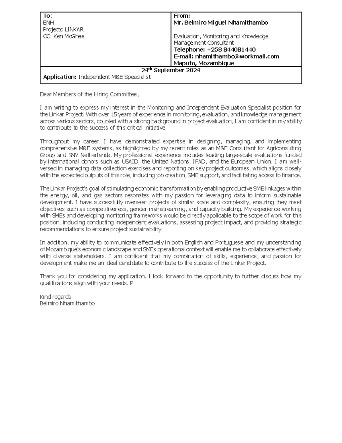 Cover Letter Linkar ENH - To: ENH Projecto LINKAR CC: Ken McGhee From ...