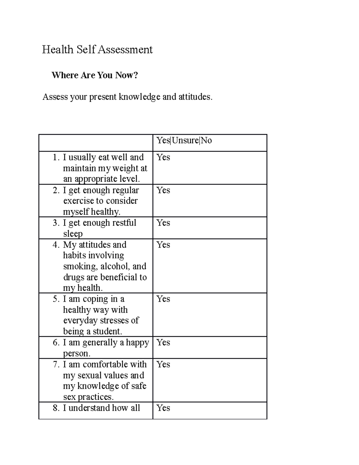 Health Self Assesment - Biology - Health Self Assessment Where Are You ...