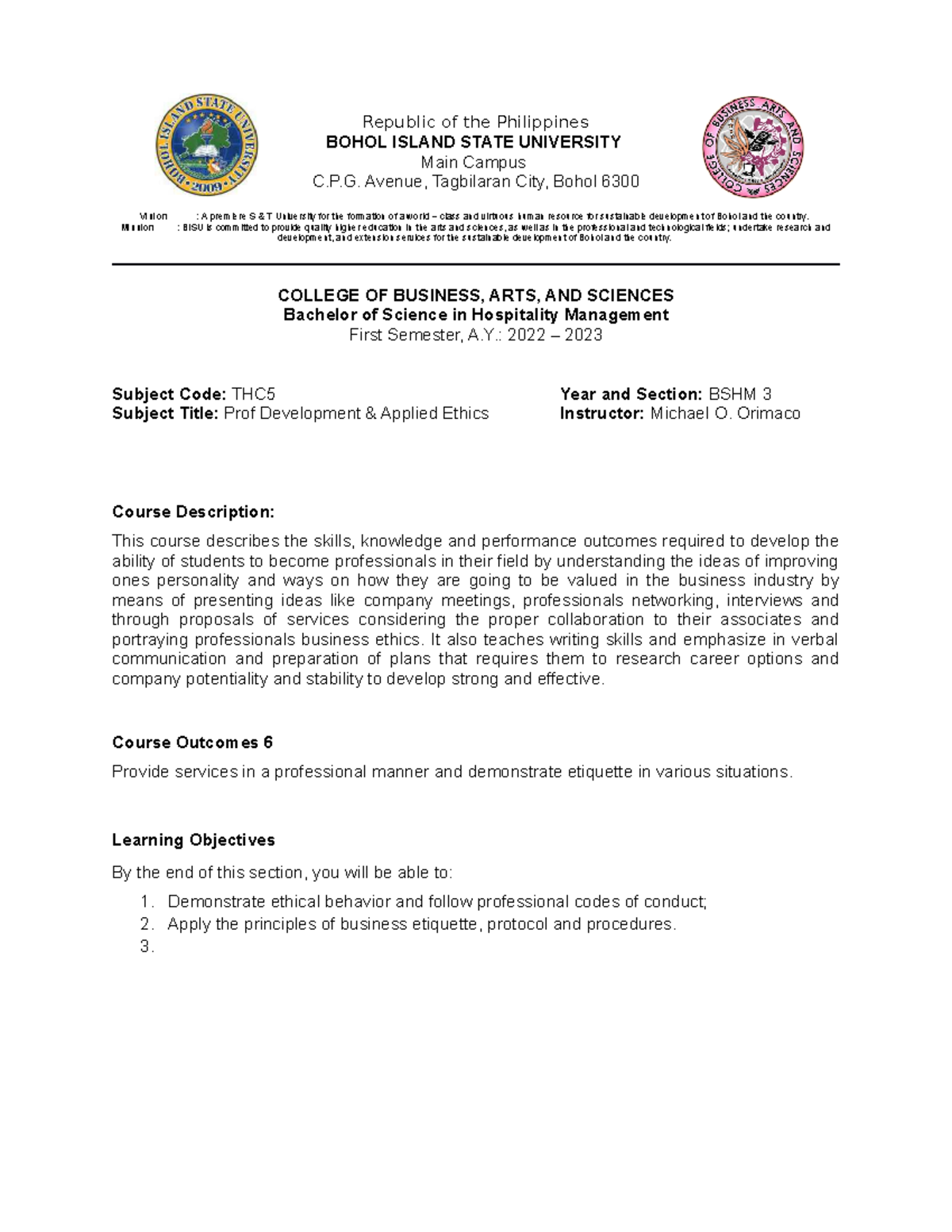 Prof-Dev Module 8-BSHM - Republic of the Philippines BOHOL ISLAND STATE ...