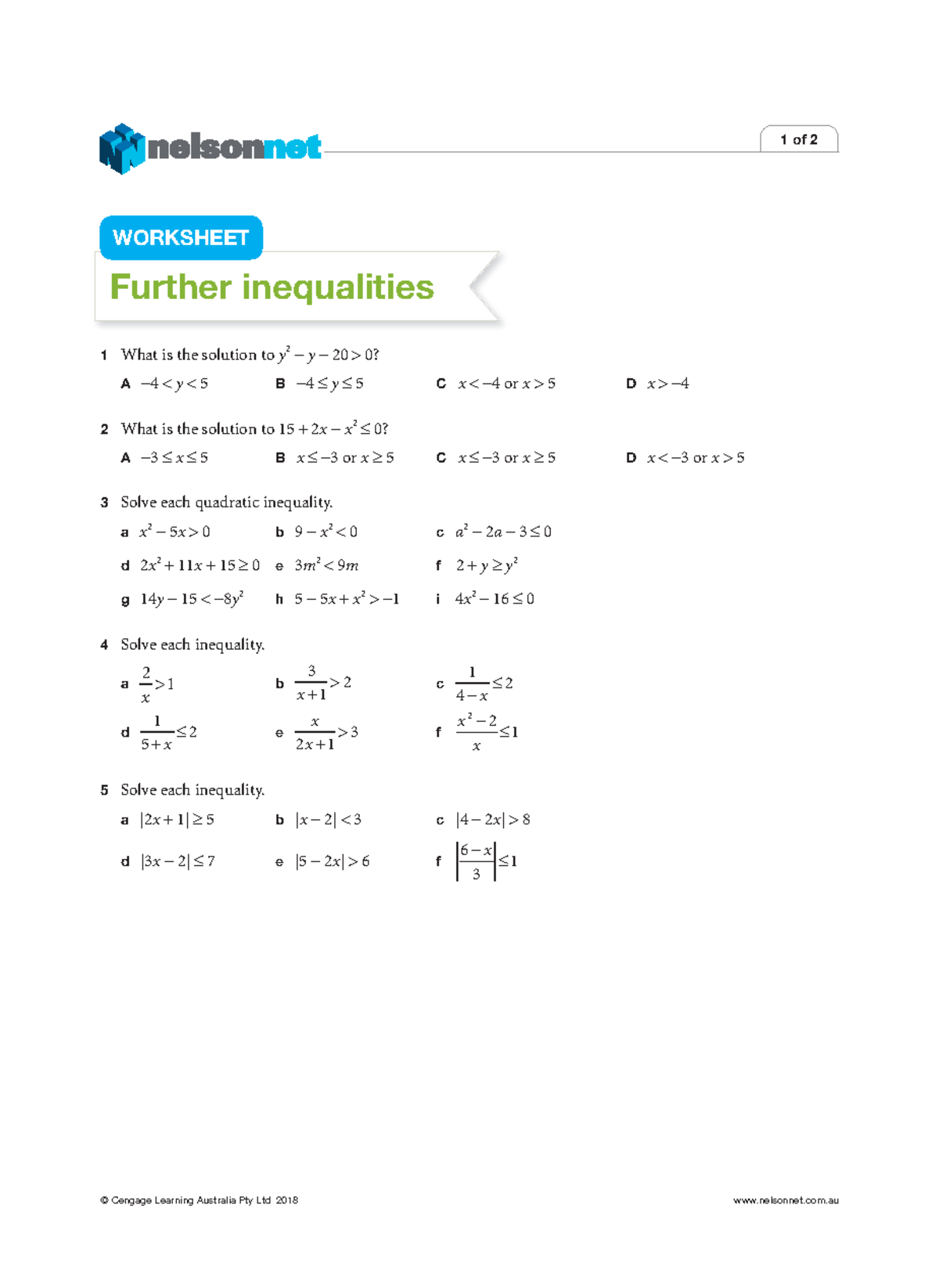 Inequalities 1 - © Cengage Learning Australia Pty Ltd 2018 nelsonnet ...